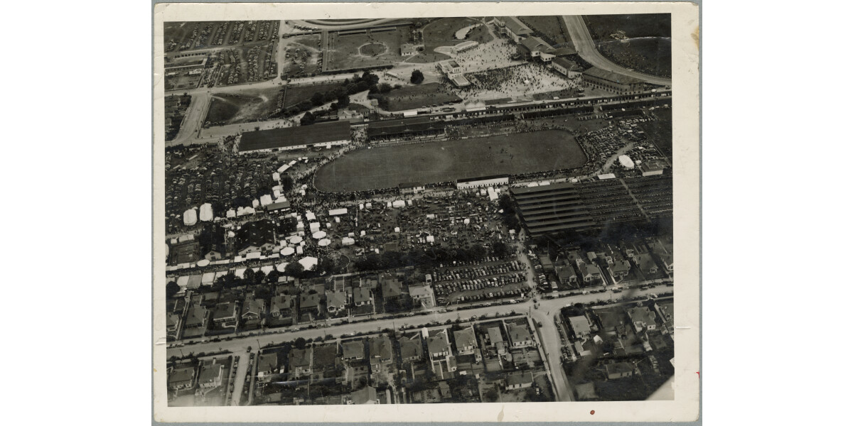 Aerial view of Addington showgrounds | discoverywall.nz