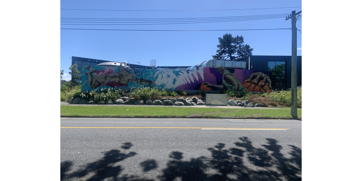 Mural on Te Pou Toetoe Linwood Pool | discoverywall.nz