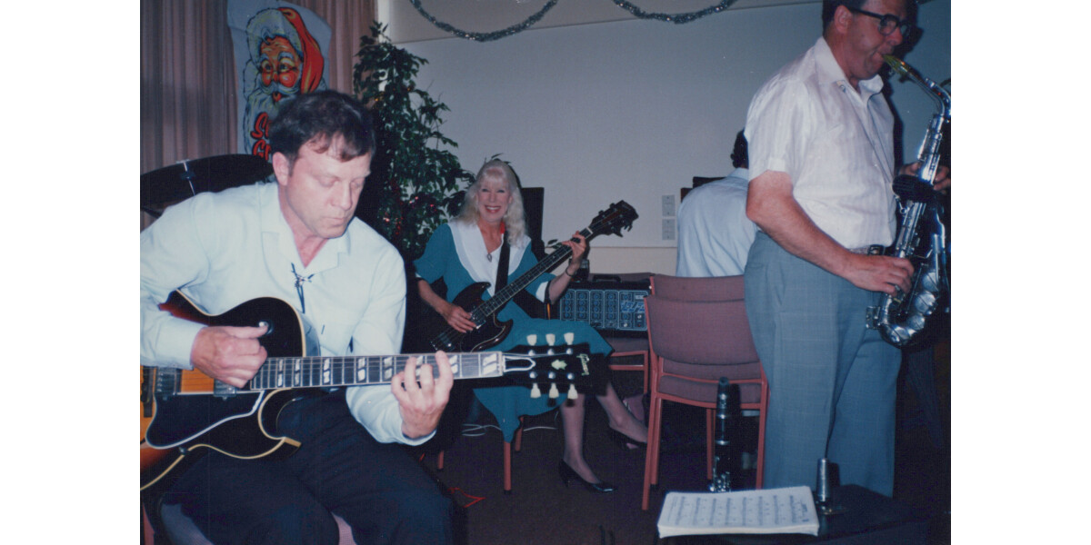 View of members of the “Stardust” band performing at the...