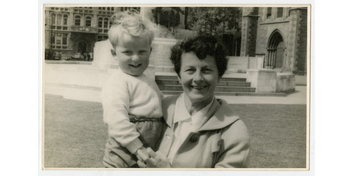 Michael Keown and mum in Cathedral Square, 1961 | discoverywall.nz